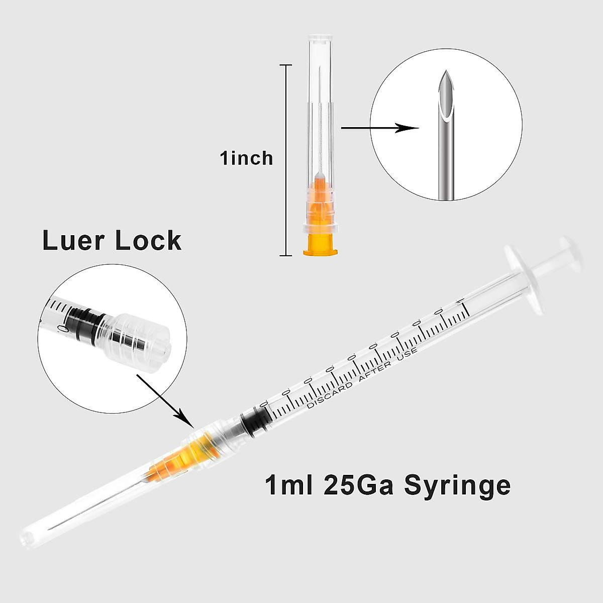 1ml/cc Disposable Syringe with 25 Gauge 1 Inch,Individual Package,Pack of 20