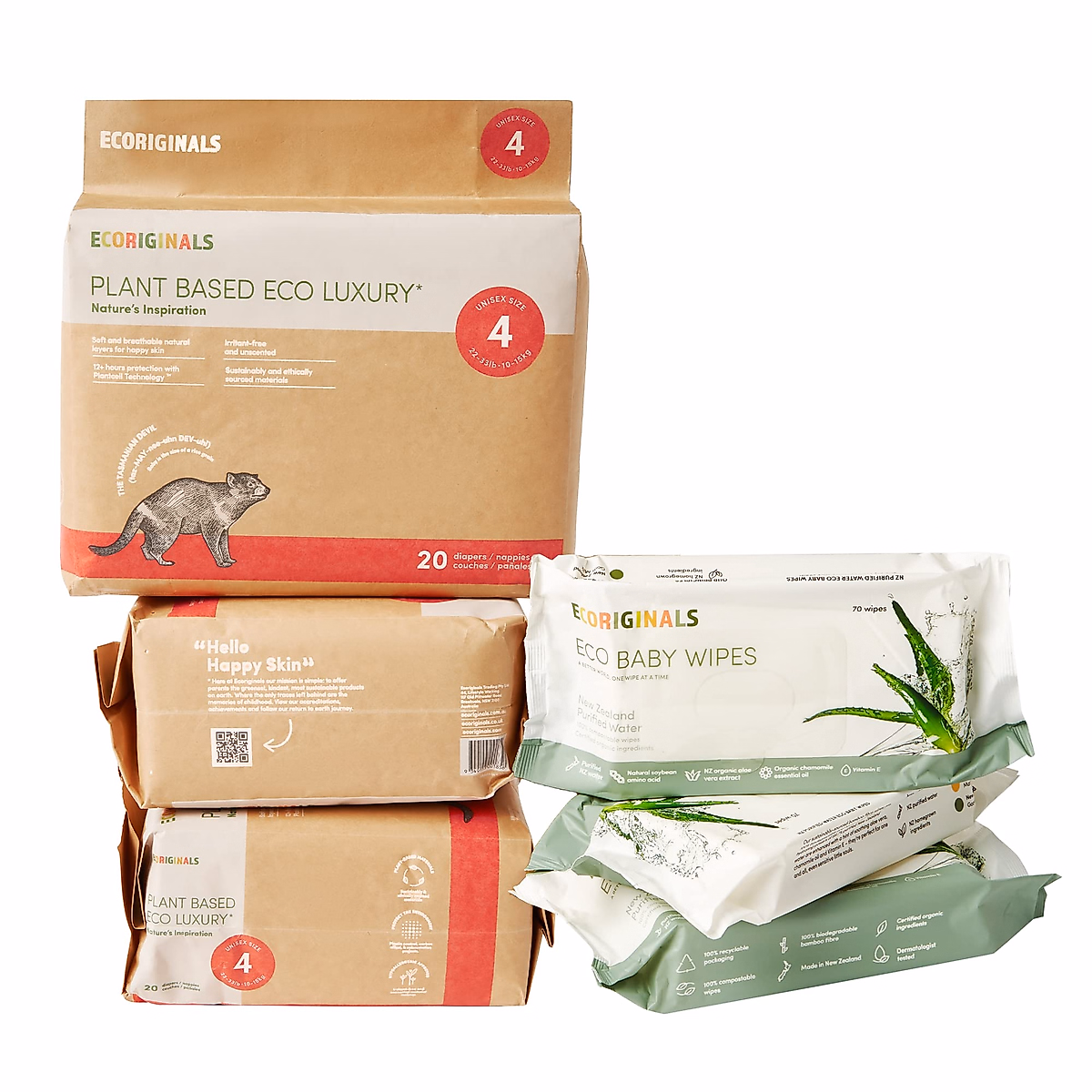 Ecoriginals Disposable Baby Diapers and Wet Wipes Bundle Kit: 3 Packs of Toddler Pants Diapers (Size 4) and 3 Packs of New Zealand Water Baby Wipes