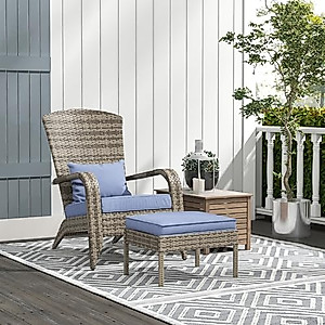 Outsunny Patio Wicker Adirondack Chair with Ottoman, Outdoor Fire Pit Chair with Cushions, High-Back, Large Seat & Armrests for Deck, Garden & Backyard, Gray