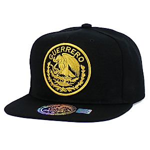 Mexican Hat Mexico State Federal Logo Embroidered Snapback Flat Bill Baseball Cap (Guerrero- Black/Gold), Large-X-Large