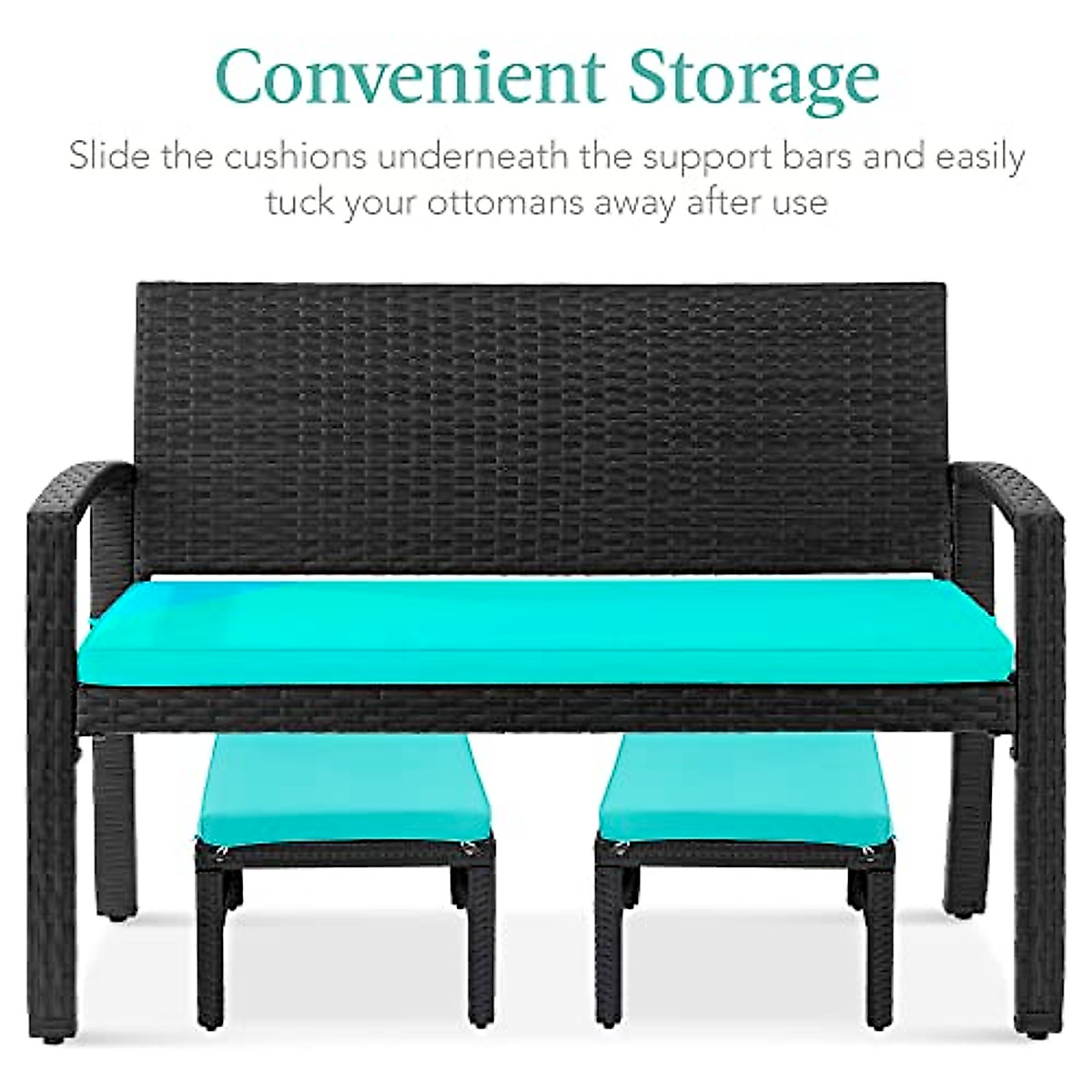 Best Choice Products Set of 2 Wicker Ottomans, Multipurpose Outdoor Furniture for Patio, Backyard, Additional Seating, Footrest, Side Table w/Removable Cushions, Steel Frame - Black/Teal