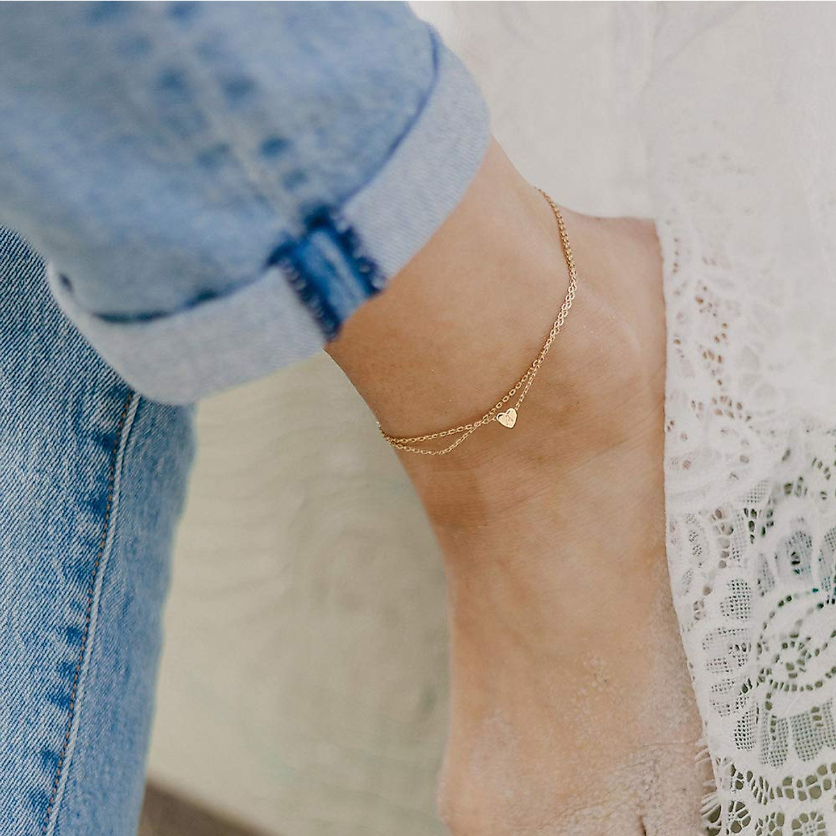 Ursteel Ankle Bracelets for Women, C Initial Anklets 14K Gold Plated Dainty Layered Heart Anklet Letter C Anklets for Women