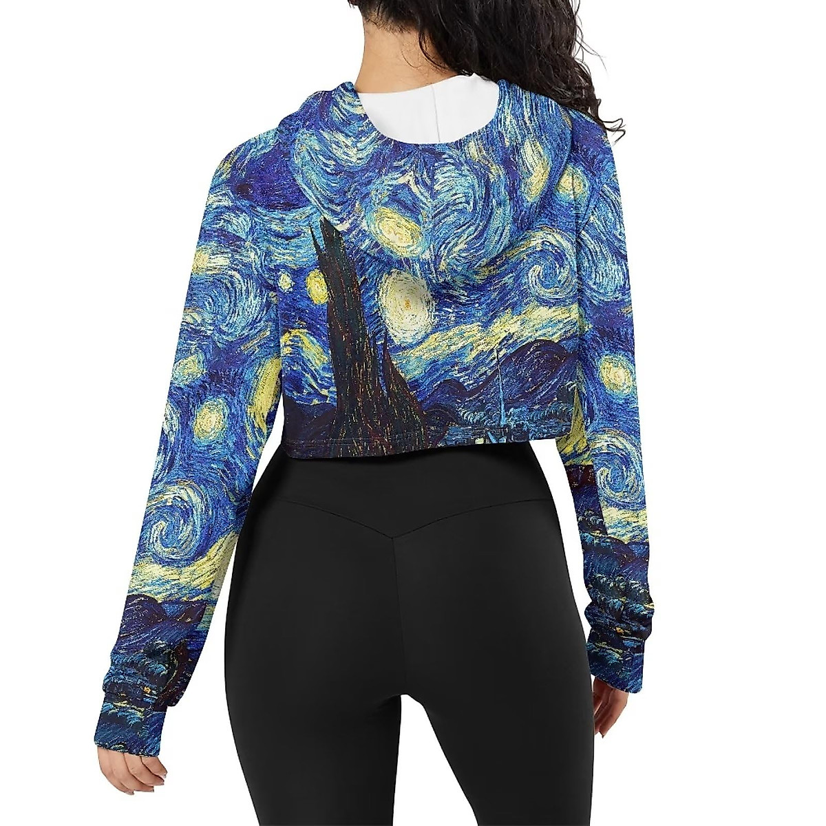 DISNIMO Van Gogh Starry Night Crop Top Hoodie for Women Teen Girls L Long Sleeve Shirt Athletic Sweatshirt Drawstring Hooded Pullover Tops Fall Outfits Running Gym Sport Clothing