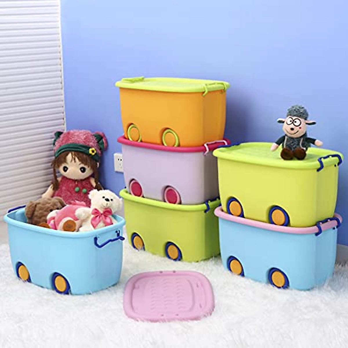 DOITOOL Storage Bins Stackable Box Stackable Organization Box with Wheel Clothes Sundries Book Container Bin for Home Bedroom Nursery Room Orange Storage Containers