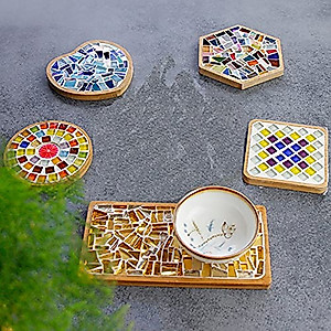 JUSTDOLIFE 5PCS Bamboo Tray Set Assorted Cup Coaster Succulent Pot Tray Mosaic Coaster Base DIY Craft (Burlywood 1)
