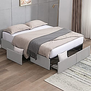 Mixoy Platform Bed Frame with 4 Large Storage Drawers, Metal Slats Support, No Box Spring Needed, Easy Assembly (Cal King, Light Grey)