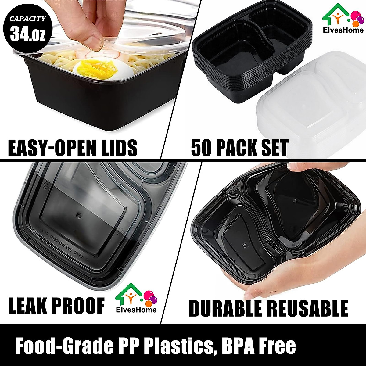 Meal Prep Container 2 Compartments, 50 Pack Meal Prep Container Microwave Safe, Food Storage Container with Lids, 34oz Disposable Bento Box To-Go Boxes Reusable Plastic Bento Lunch Box Dishwasher Safe