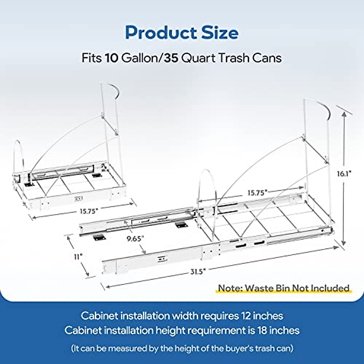 Tanamu Pull Out Trash Can Under Cabinet,Under Sink Heavy Duty Trash can，Roll-Out Sliding Adjustable Rack for Kitchen Trash Can,Chrome (Trash Can Not Included)