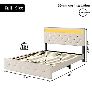 GAOMON Full Size Bed Frame with Led Lights Upholstered Platform Bed Frame with Headboard, Full Size Led Bed Frame with Fast-Charging USB Port, No Box Spring Needed, Beige