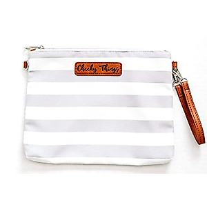 Stylish Diaper Bag Organizing Pouches - XL Set of 4 Gray and White Striped Canvas Diaper Bag Pouches with Leather Embossed Labels, Leather Wristlet Strap & Durable Metal Zippers