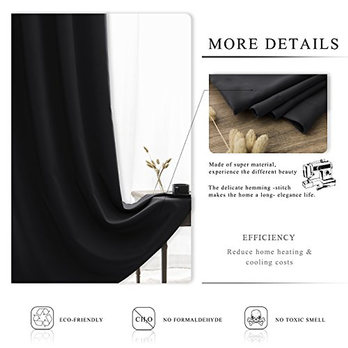 WONTEX Blackout Curtains Thermal Insulated with Grommet Curtains for Bedroom, 52 x 84 inch, Black, 2 Panels