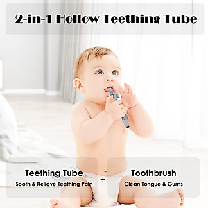 Hollow Teething Tubes with Safety Shield， Silicone Teether Toy for Babies 3-18 Months， BPA Free/Freezable Toddler Baby teether Toothbrush-Easy to Clean(Four-Color)
