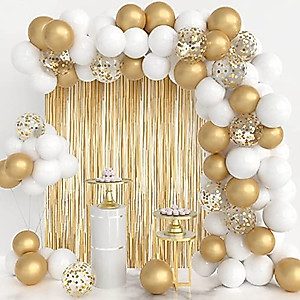 JOYYPOP White Gold Balloon Garland Kit with Gold Tinsel Curtain White Gold Balloons for White and Gold Wedding Birthday Party