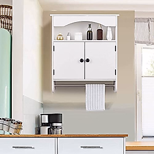 LUCYPAL Bathroom Cabinet Wall Mounted with Doors, Wooden Hanging Cabinet, Bathroom Cabinet with Towel Bar Over The Toilet, Bathroom Wall Cabinet White