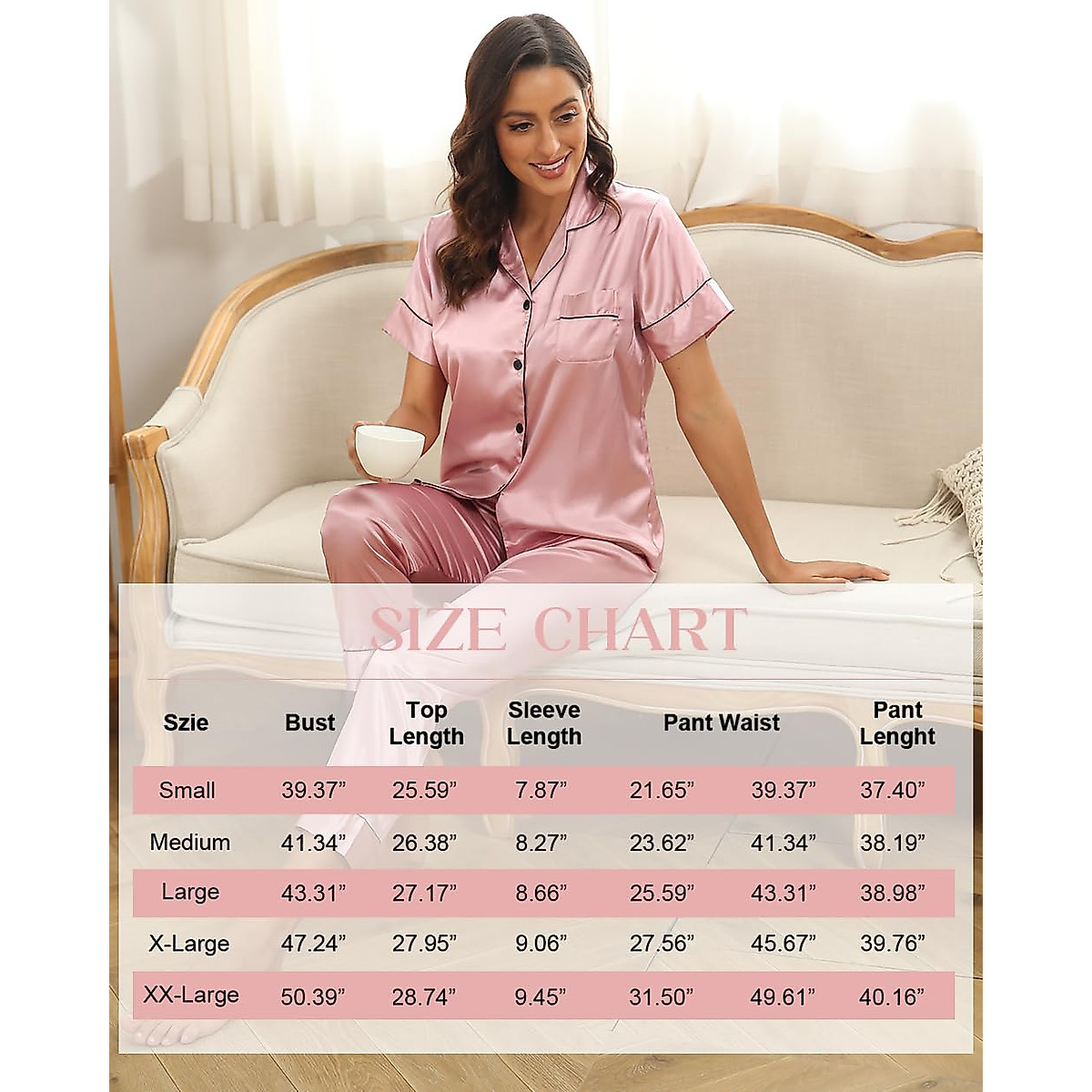 goodmansam Women's Satin Pajamas Set 2 Piece Pj Set Sleepwear Notch Collar Short Sleeve T-Shirt Button-Down Loungewear with Long Pants Pink Small