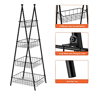 Wire Basket Stand for Kitchen and Bathroom 4 Tier Fruit Storage Basket Stand Metal Floor Standing Vegetable Holder Basket Stand for Snacks Pantry Kitchen Storage, Black