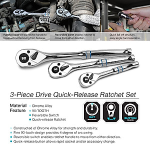 DURATECH 3-Piece Drive Ratchet, 1/4", 3/8", 1/2" 90-Tooth Quick-release Ratchet Wrench, Reversible, Chrome Alloy Made, Full Polished, Gifts for Men Gifts for Women Gifts for Dad