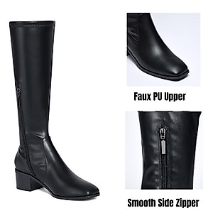 Elisabet Tang Knee High Boots for Women 2 inch Chunky Low Heel Boots Square Toe Side Zipper Fall Winter Comfort Boots Black Size 10