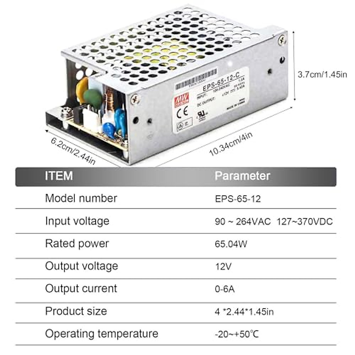 TorqCali EPS-65-12-C 65W Single Output Switching Power Supply 12V 5.42A, 86% Efficiency, Universal AC Input, for Automation, Test & Measurement, and Industrial Applications