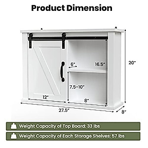 LOKO Rustic Medicine Cabinet with Sliding Barn Door, Bathroom Cabinet Wall Mounted with Adjustable Shelves, Small Bathroom Wall Cabinet Over Toilet, 8 x 27.5 x 20 inches, White