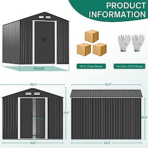 JAXPETY 8x12 FT Outdoor Storage Large Shed, Galvanized Metal Shed for Garden Patio Lawn Backyard, Garden House with Lockable Double Doors and Four Vents, Gray