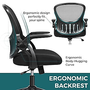 SMUG Office Computer Gaming Desk Chair, Ergonomic Mid-Back Mesh Rolling Work Swivel Chairs with Flip-up Arms, Comfortable Lumbar Support, Comfy Arms for Home, Bedroom, Study, Student, Adults, Black