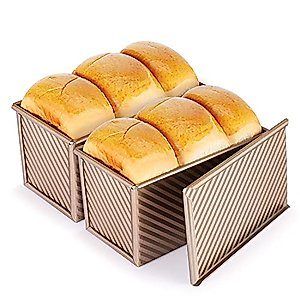 Flexzion Pullman Loaf Pan with Lid Cover (2 Pack) for Baking Oven Sandwich Bread Toast - 1lb Dough Capacity Square Corrugated Cake Mold Non-Stick Carbon Steel Box Bakeware Kitchen Accessories (Gold)