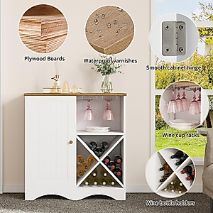 DWVO White Wine Bar Cabinet, 32" Kitchen Coffee Bar Cabinet with 2-Row Glass Holder and 4-Grid Wine Rack, Oak Wood Sideboard Buffet Storage Cabinet for Kitchen, Dining Room