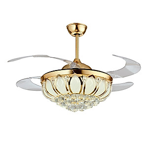 N/B 42 Inch Modern Gold Crystal Chandelier Fan with Retractable Blades Ceiling Fan with Light LED and Remote Control Indoor Fan Suitable for Dining Room Bedroom