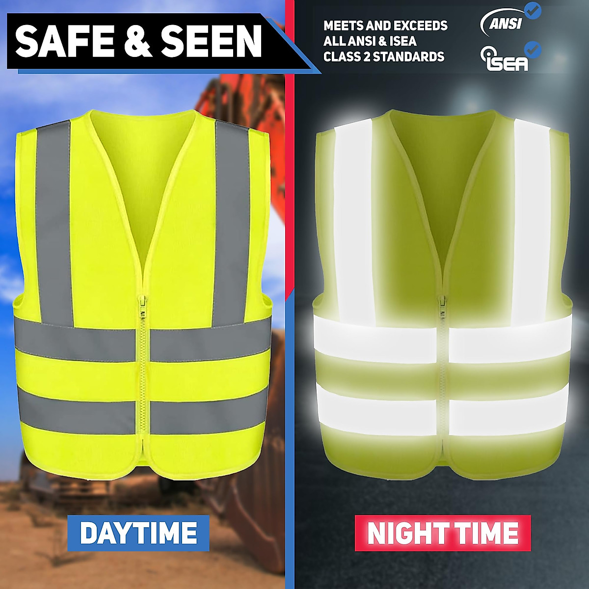 Neiko 53941A High Visibility Safety Vest with Reflective Strips | Size Large | Neon Yellow Color | Zipper Front | For Emergency, Construction and Safety Use