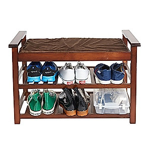 LUCKYERMORE 2-Tier Wood Shoe Rack Bench with Cushion Seat Storage Bench Sturdy Bamboo Storage Shelf Entryway Shoe Organizer for Hallway Bathroom Living Room