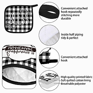 5 Pieces Buffalo Plaid Kitchen Towels Oven Mitts and Pot Holder Set Black and White Kitchen Towels Oven Gloves, Hot Pads Pot Holders for Farm House Accessories Decor(Heart)