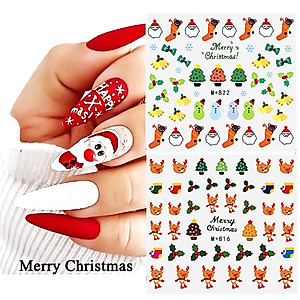 Christmas Nail Art Stickers, Snowflake Nail Decals Water Transfer Winter Nail Stickers Colorful Snowflake Santa Claus Snowman Bell Xmas Tree Sock Elk Nail Tattoo Stickers for Women Girls Kids (12