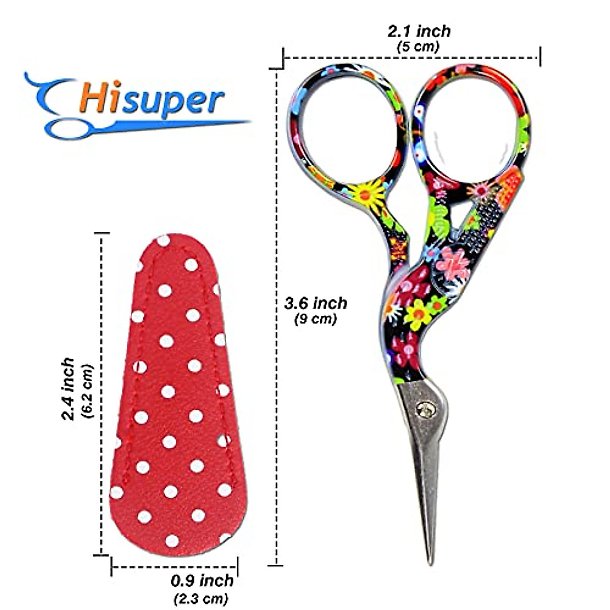 Hisuper Embroidery Scissors with Leather Scissors Cover Stainless Steel Sharp Stork Crane Scissors for Sewing Crafting Art Work Threading Needlework and DIY Tools Dressmaker Small Shears