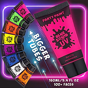 UV Face & Body Paint Set - Blue Squid, 8 Liquid UV Body Paints (8 Large 0.68 fl oz) +FREE BONUS Mini Ultraviolet Flashlight - Glow in The Dark Neon Face & Body Paint - Black Light Reactive Neon Paints