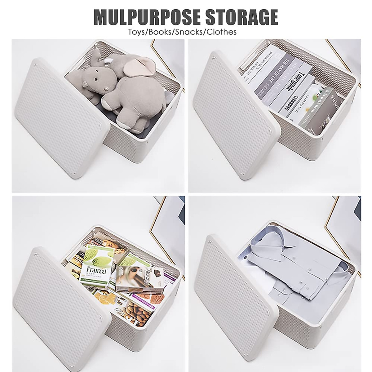 Pack of 4 Folding Storage Boxes with Lids Foldable Plastic Storage Bins Organizer Container Shelf Basket with Lid for Home Bedroom Closet Office