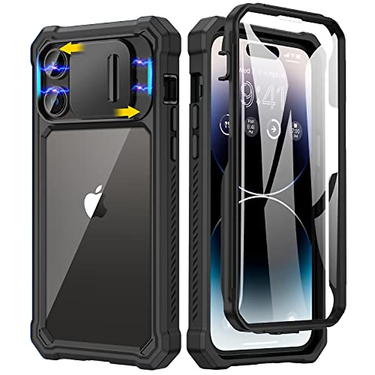 Caka for iPhone 14 Pro Max Case, iPhone 14 Pro Max Case with Slide Camera Cover & Built-in Screen Protector Heavy Duty Shockproof Phone Case Cover for iPhone 14 Pro Max 6.7 inch, Black