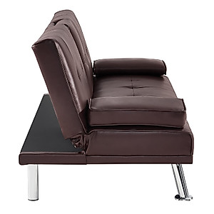 Naomi Home Transform Your Living Space with Comfort Espresso Futon Sofa Bed with Armrest, Cupholders, & Reclining Function, Ideal for Cozy Living Rooms! Sofa Bed Couch with Metal Legs, Faux Leather