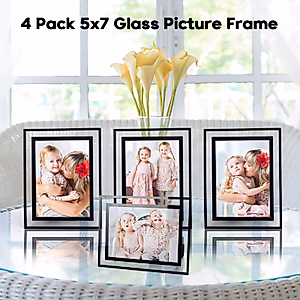 Serwrsw Glass Picture Frame for 5x7 inch Photo, 4 Pack Clear Frame with Black Stripe Decor, Vertical or Horizontal on Tabletop