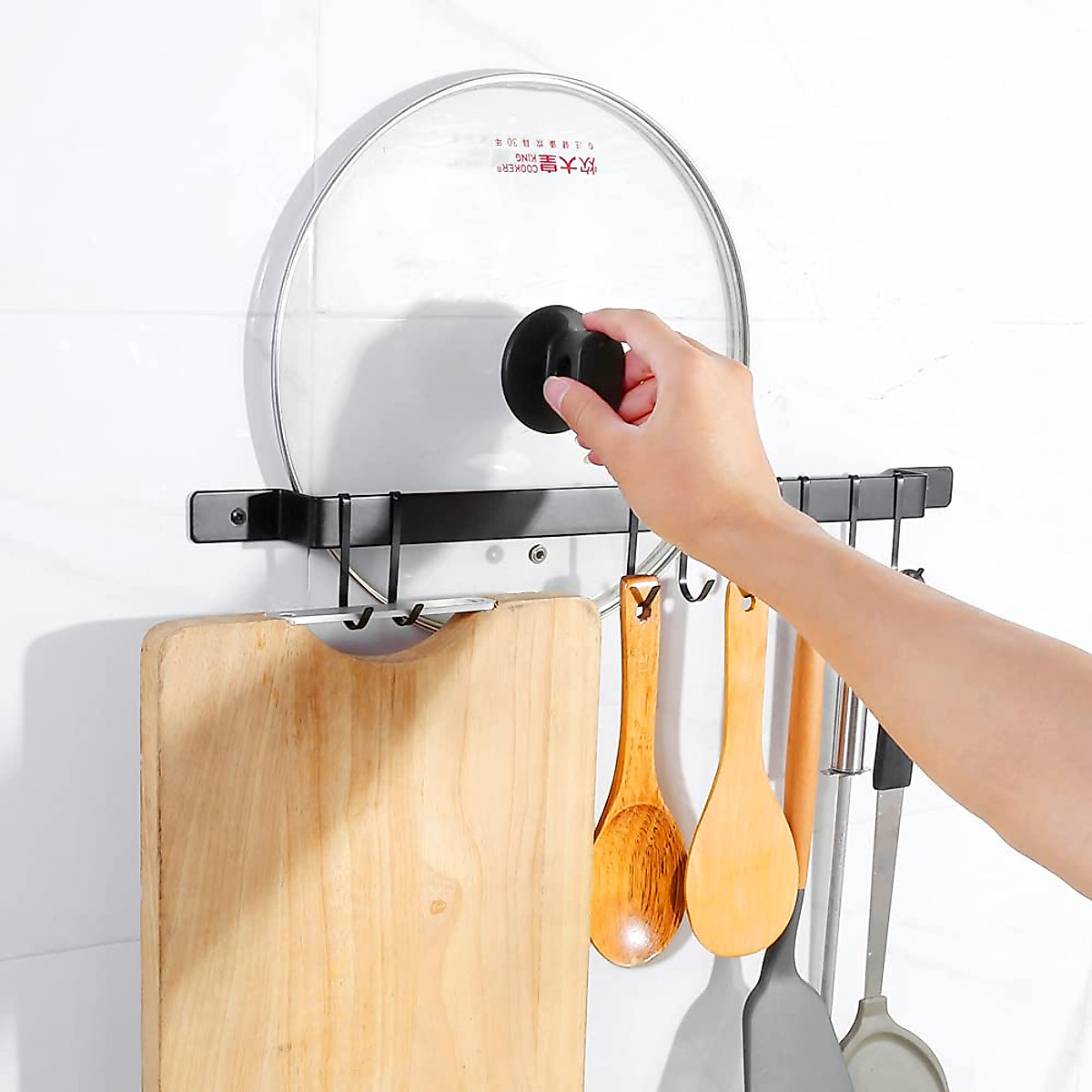 SmartHom Kitchen Rail Utensil Rack with 7 Hooks, Black Hanging Utensils Holder for Pots and Pans, Kitchen Utensils Hanger 15.7 * 2.5 INCH