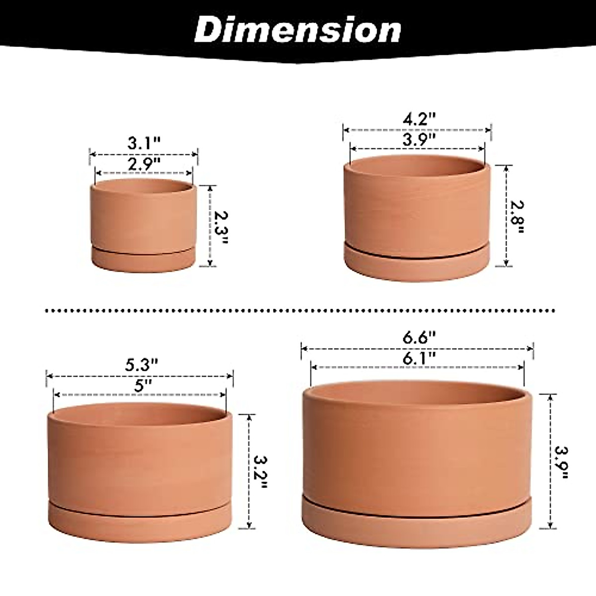 D'vine Dev Set of 4 Terracotta Shallow Planter Pots for Succulent, 3 Inch 4 Inch 5 Inch 6 Inch, Small Flower Plant Pots with Drainage and Saucer, 40-D-L-1