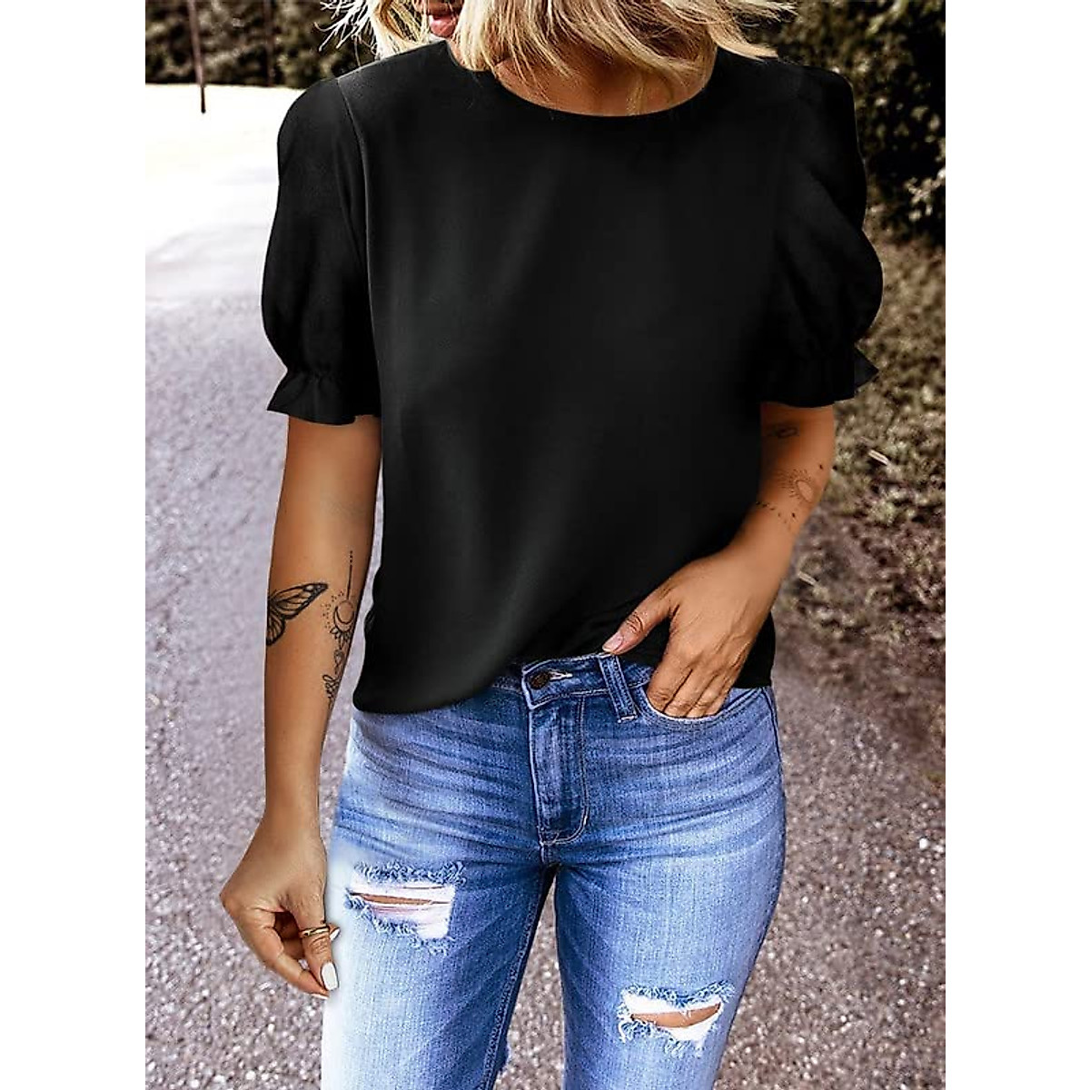 Dokotoo Womens Elegant Puff Short Sleeve Crewneck Chiffon Summer Tops, Casual Loose Office Work Shirts - Black Medium