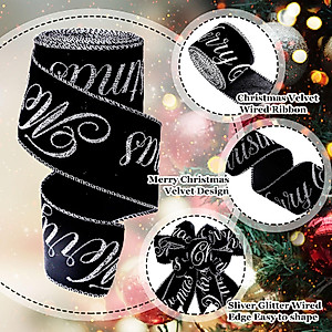 Whaline 50 Yards Christmas Velvet Wired Ribbon 2.5 Inch Merry Christmas Velvet Ribbon Black Silver Glitter Xmas Decor Wrapping Ribbon for Gift Wrapping Bow Wreath Crafts Home Decor, 2 Roll