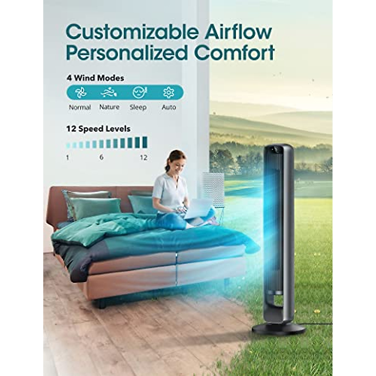 Tower Fan, 42”90° Oscillating Fan, DC Motor with 28dB, 12 Speeds, 4 Modes, Night Light, 12H Timer, LED Display, Quiet Cooling Bladeless Fan with Remote for Bedroom Living Room Office, Black,