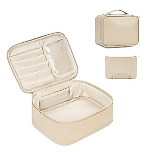 Narwey Vegan Leather Travel Makeup Bag Women Large Cosmetic Bag Make up Case Organizer for Toiletries Cosmetics Accessories (Brown)