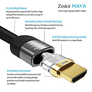 Zeskit Certified 2.1 8K HDMI Cable 48Gbps 4K120Hz Compatible with Soundbar eARC HDR10 VRR Dolby Vision Atmos HDCP 2.2 2.3 PS5 Xbox Series X Apple TV Roku (Ultra High Speed, Maya CL3 In Wall Long 15ft)