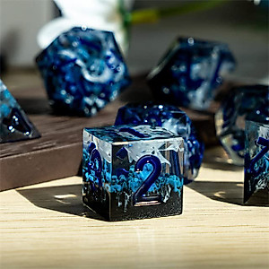 Glow in The Dark Winter Storm Sharp DND Dice Set with Leather Dice Box - for Dungeons and Dragons, D&D, Sharp Edge, D20 Polyhedral Resin Dice, Dungeons and Dragons Gifts, Accessories