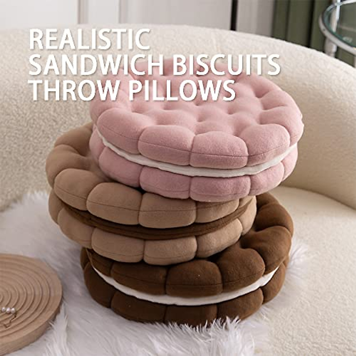 KedeLak Sandwich Biscuits Throw Pillows for Sofa Couch Brown Chocolate Biscuits Seat Cushions Cute Round Food Throw Pillows for Home Decoration