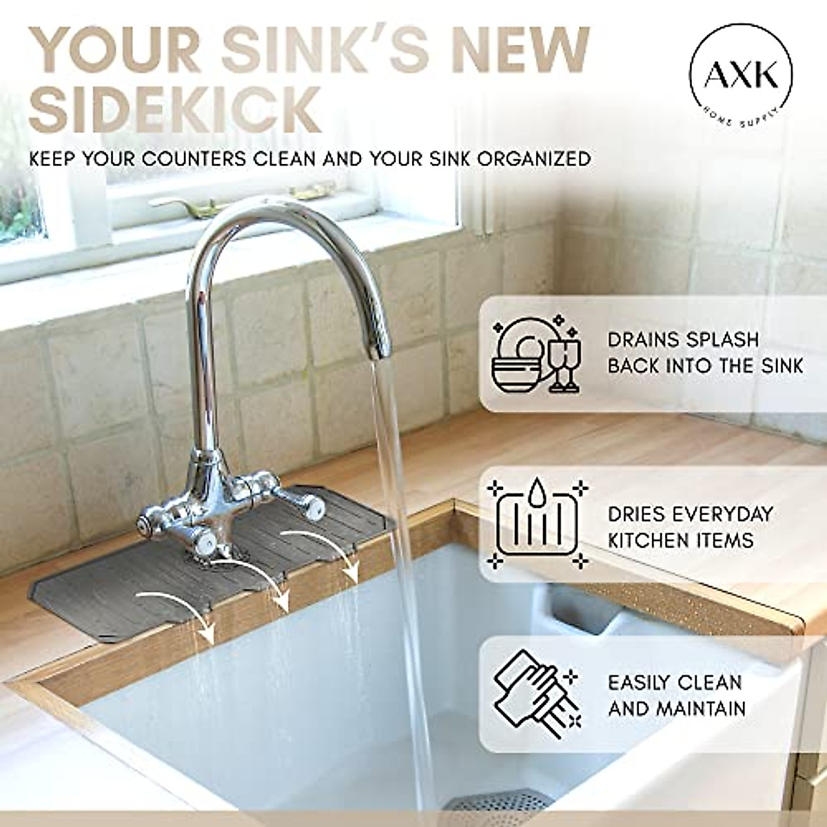 AXK Home Supply Silicone Sink Faucet Mat Splash Protector, Splash Guard, Perfect For Narrow Faucets,Protects Counter From Standing Water-Washable-Kitchen-Bathroom-RV-Laundry-Office(Gray)