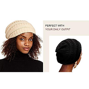 Roniky Winter Knit Beanie Hats for Women, Silk Satin Lined Chunky Cap Soft Stretch Cable Knit Warm Slouchy Beanie Hat Black